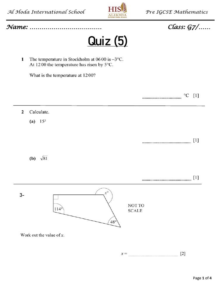 Pre IGCSE Mathematics Quiz G7 | PDF