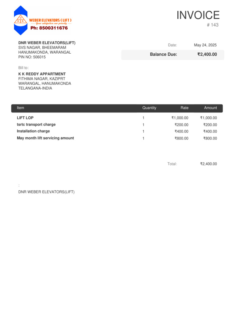 Invoice for Lift Services - May 2025 | PDF