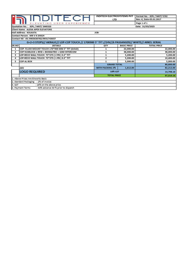 INDITECH QUOTATION (G+2) Apexa Apex Elevator COP LOP 5 INCH 170X900 ACCESORIES | PDF
