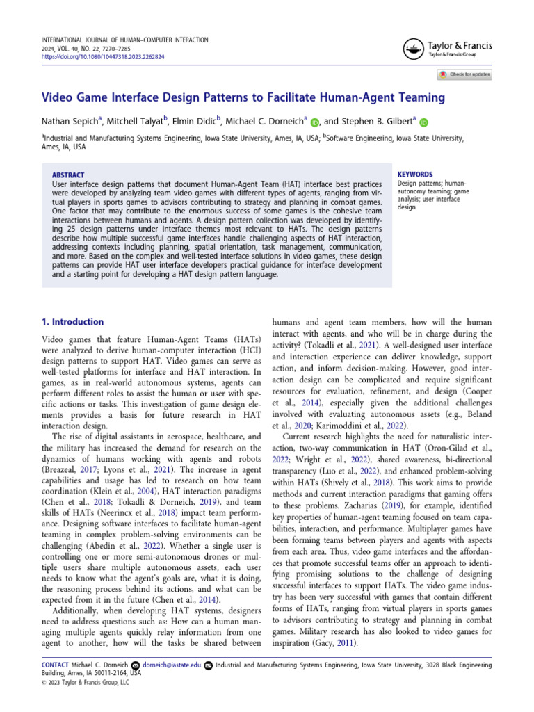 Game Design Patterns for Human-Agent Teams | PDF | Human–Computer ...