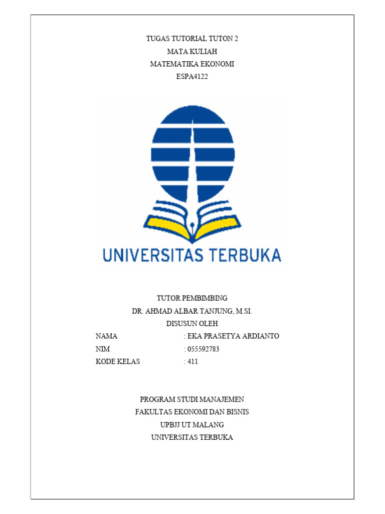 Tugas Tuton 2 Matematika Ekonomi 055592783 Eka Prasetya Ardianto | PDF