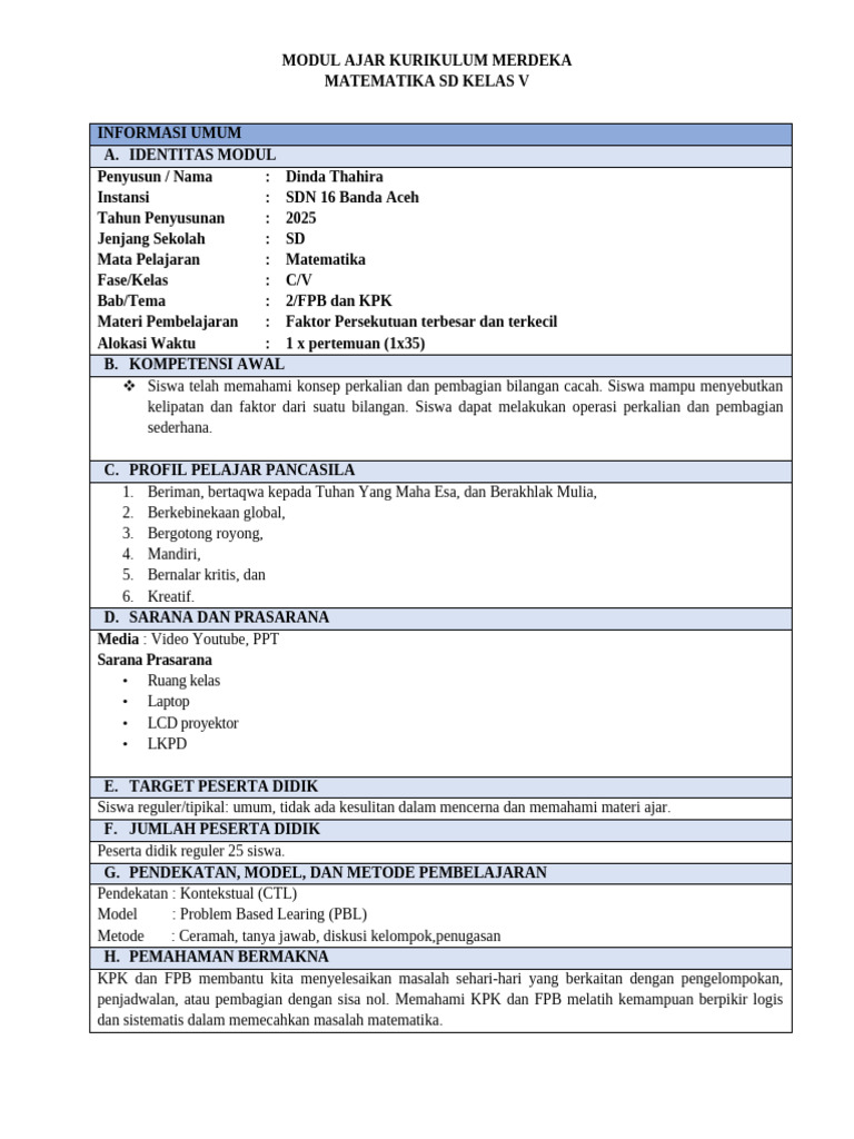 Modul ajar mtk (dinda thahira) | PDF