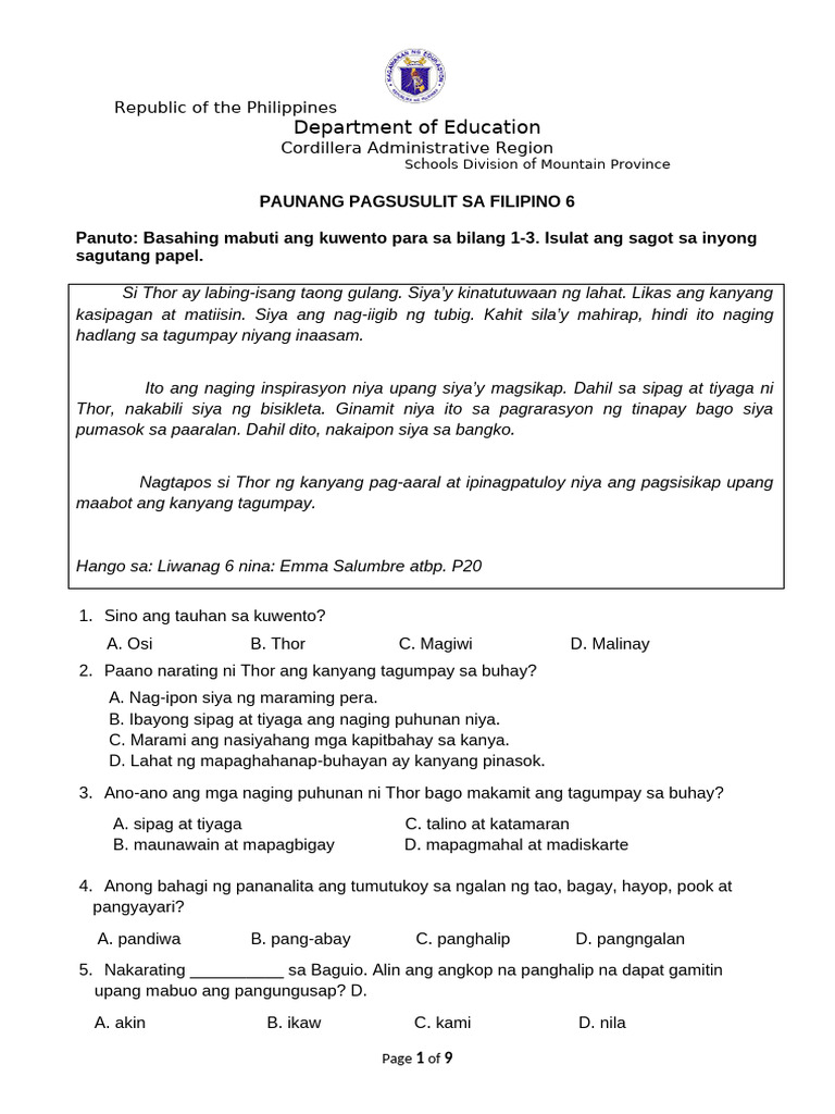 Filipino 6 TQs, Ans. Key & TOS | PDF
