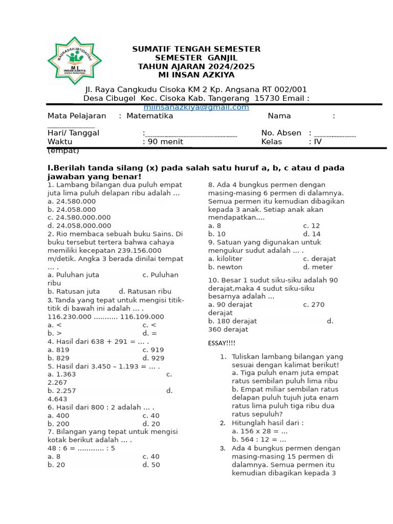 Sumatif Tengah Semester Kelas 4b | PDF
