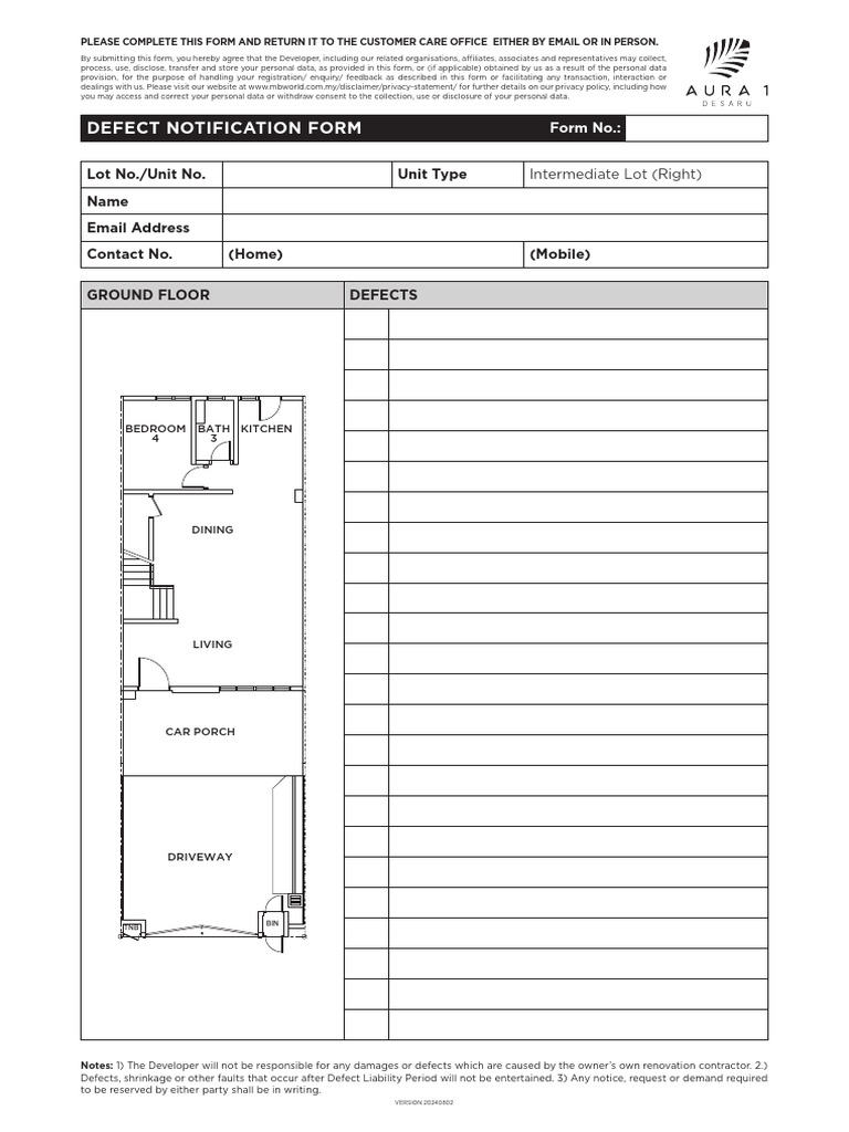Defect Notification Form: Lot No./Unit No. Unit Type Name Email Address ...