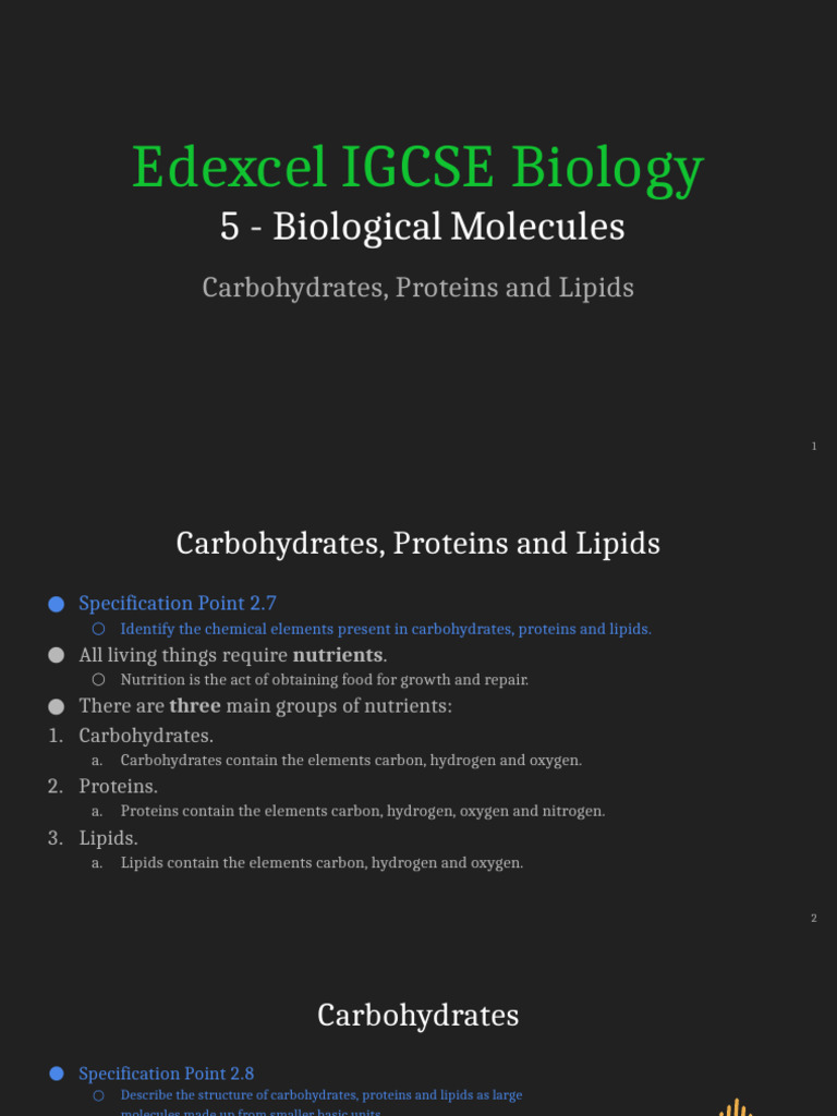 IGCSE Biology Lecture 5 - Biological Molecules | PDF | Carbohydrates ...