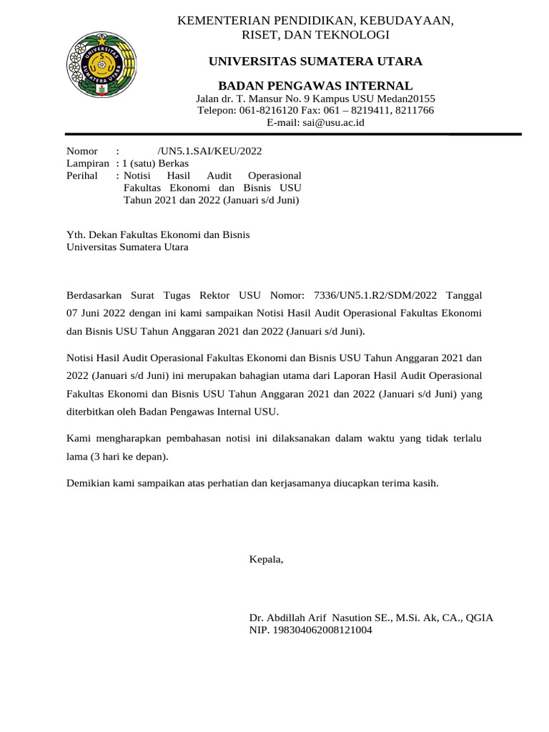 Notisi Hasil Audit Fakultas Ekonomi USU | PDF