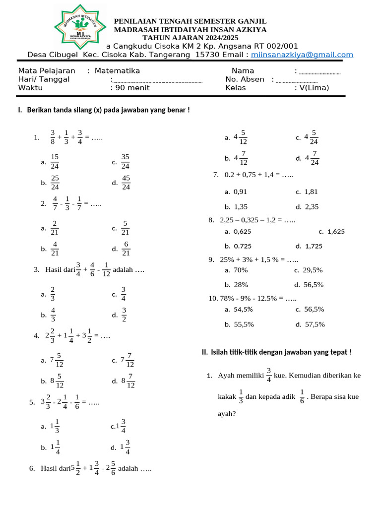 Soal Pts MTK Kelas 5 | PDF