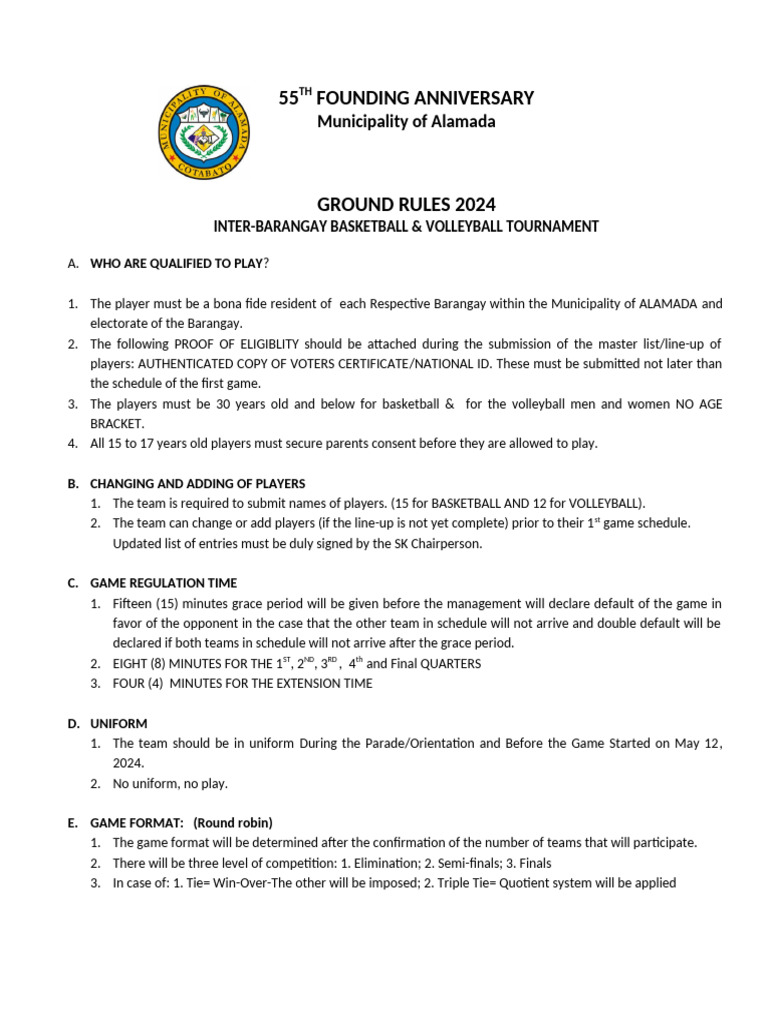 Inter-Barangay Sports Tournament Rules | PDF