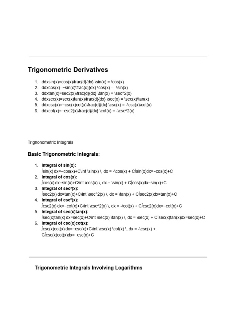 Trigonometric Derivatives | PDF | Trigonometric Functions | Tangent