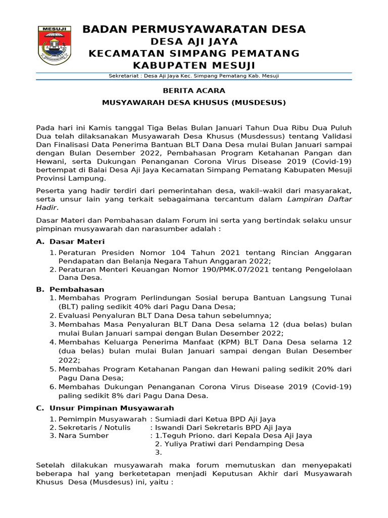 1.-Berita-Acara-Musdesus-BLT | PDF