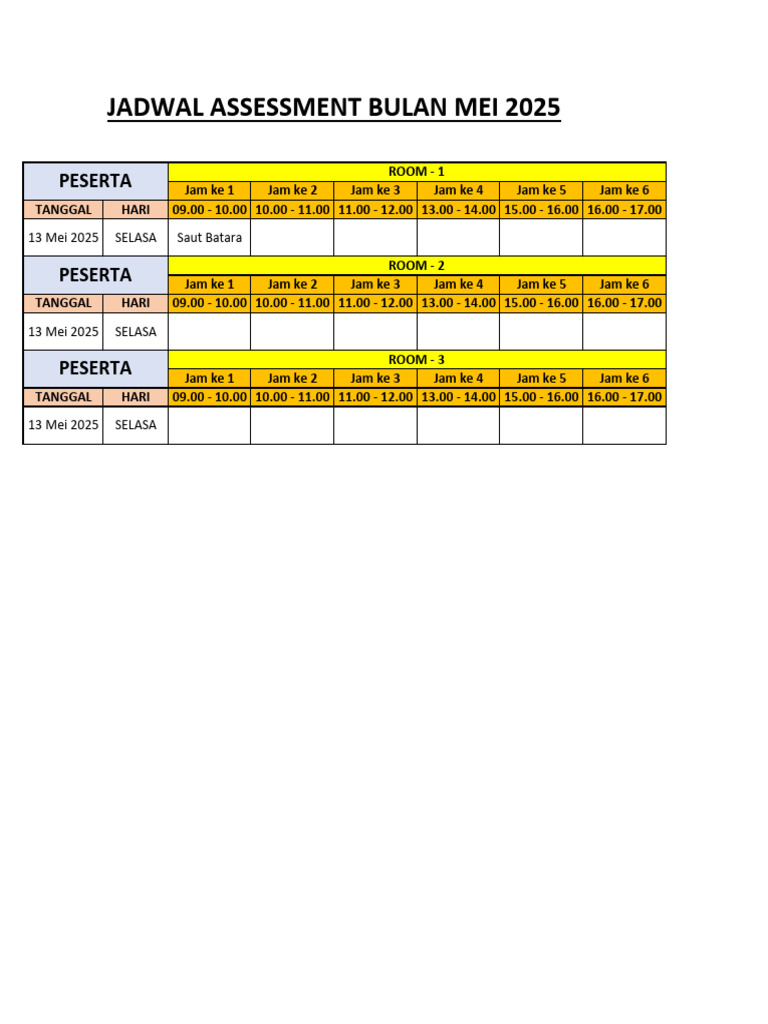 Tabel Jadwal Assessment 13 Mei 2025 | PDF