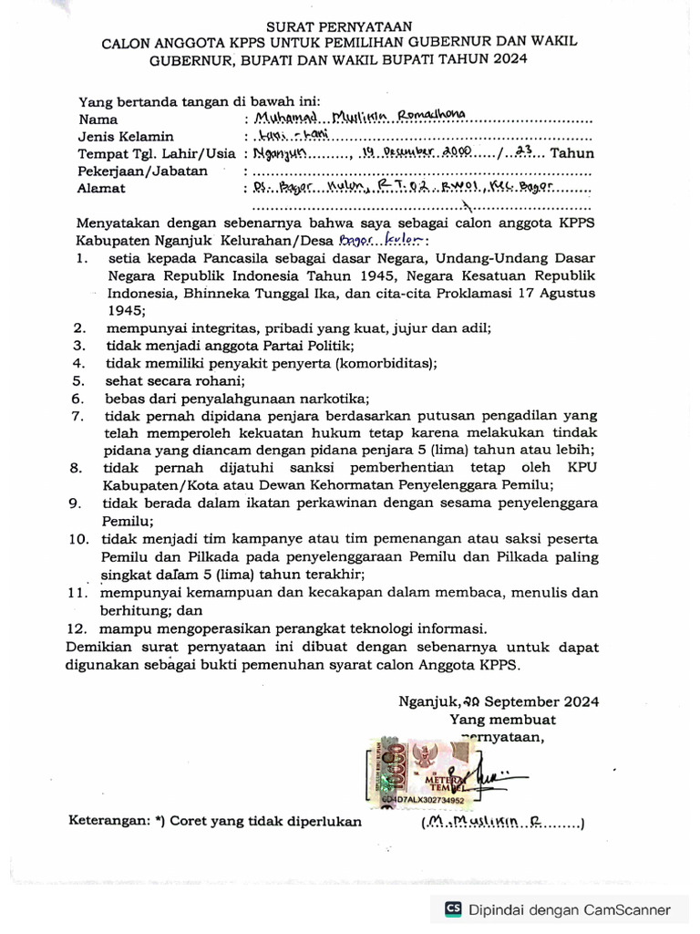 M Muslikin Romadhona - Surat Pernyataan - 3 | PDF