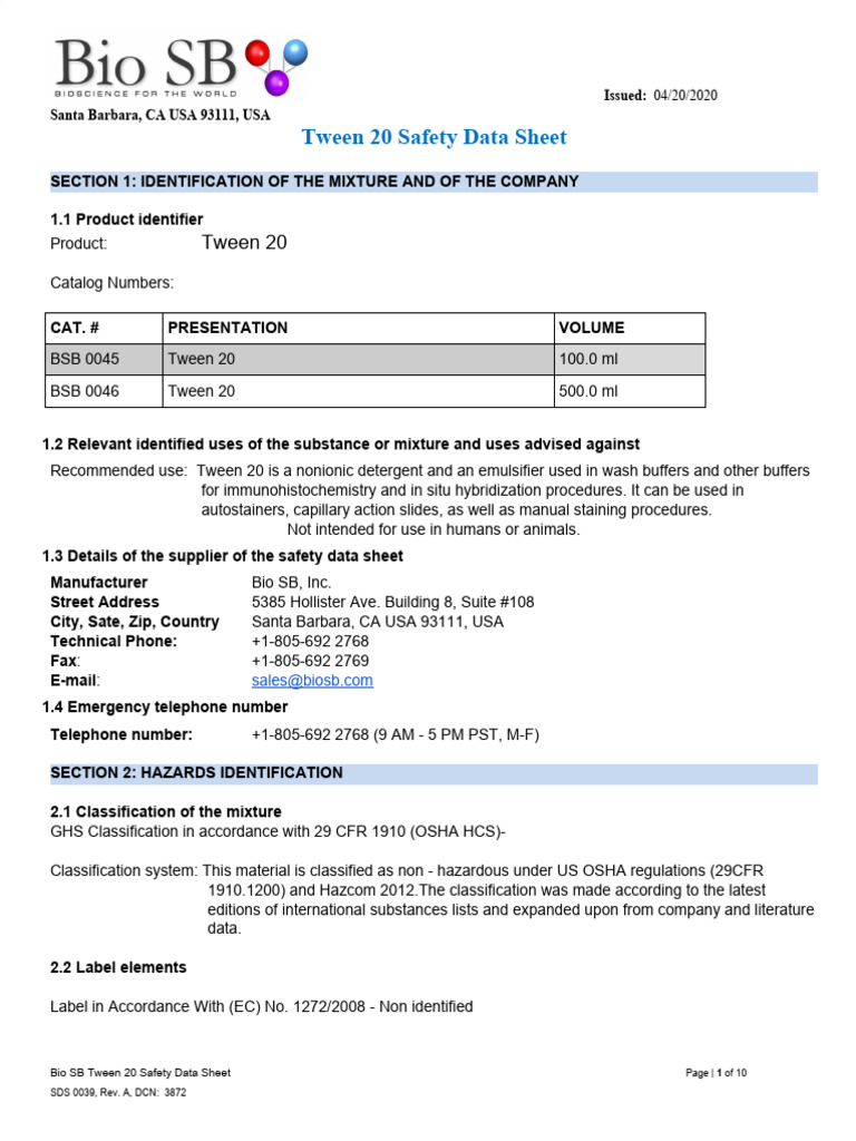 SDS 0039 Rev. A Tween 20 Data Sheet | PDF | Personal Protective ...