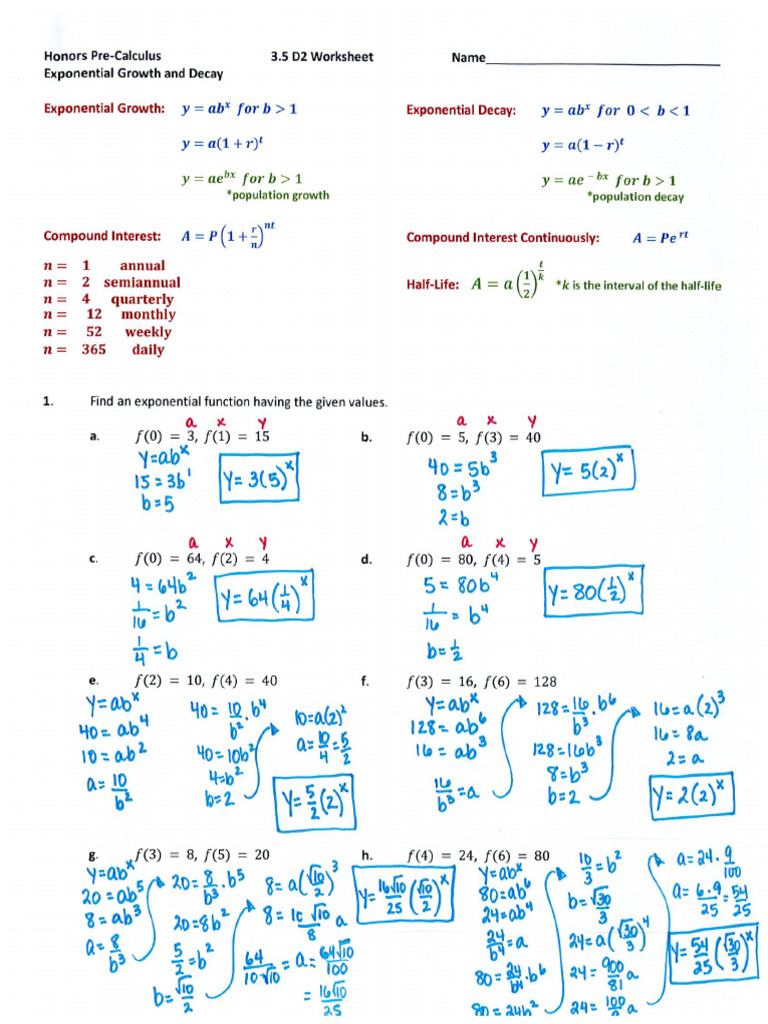 3.5 D2 WS Exponential Growth and Decay SOLUTION KEY | PDF