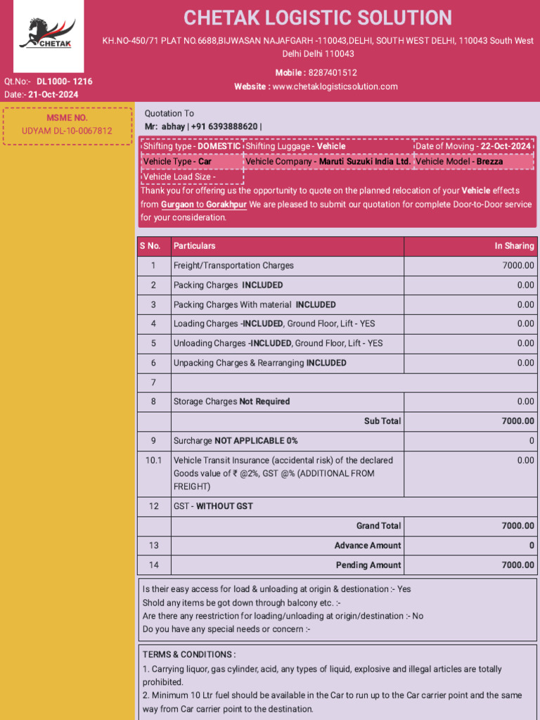 Quotation Document | PDF | Transport