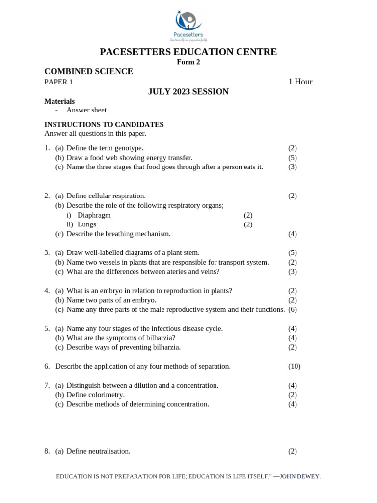 Combined Science Form 2 PDF | PDF | Acid | Respiratory System