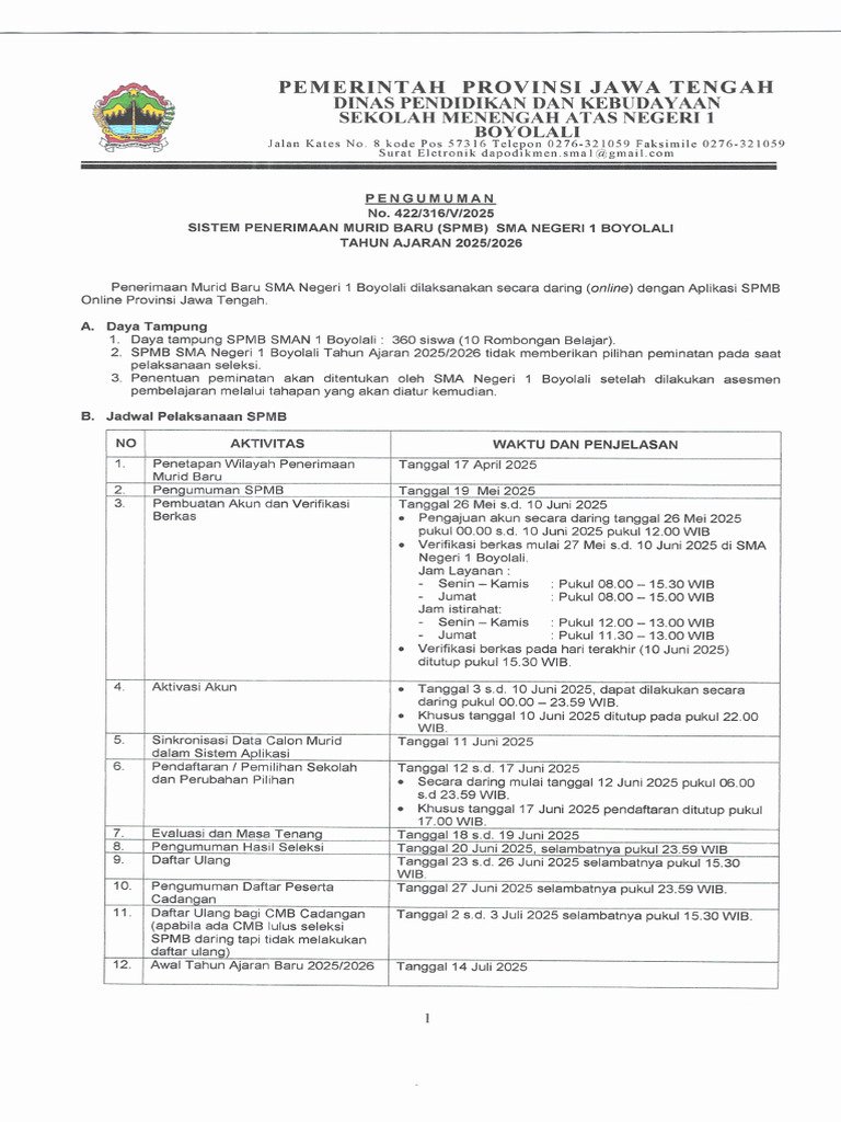 PENGUMUMAN SPMB SMAN 1 Boyolali - 2025-2026 | PDF