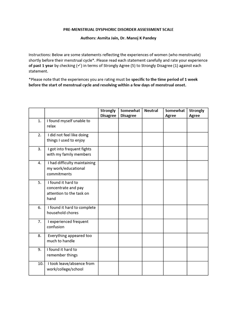 PMDD Assessment Scale - (Pmddas | PDF | Psychology | Behavioural Sciences