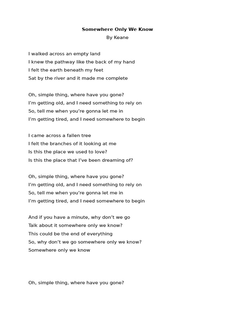 Lyrics to "Somewhere Only We Know" | PDF