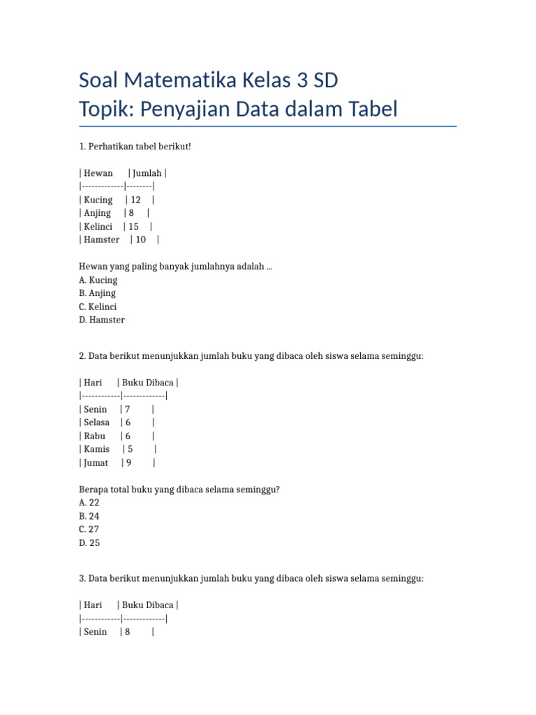 Soal Matematika Penyajian Data Kelas3 | PDF