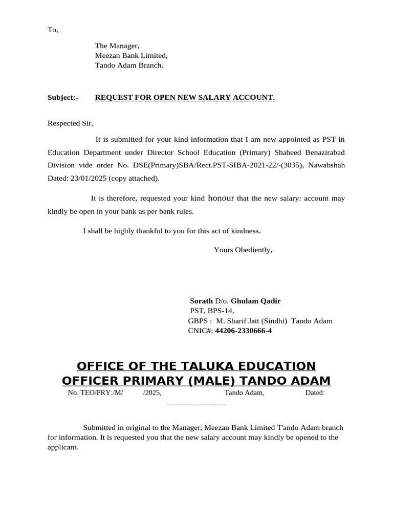 Bank Account Latter For Govt Employes | PDF