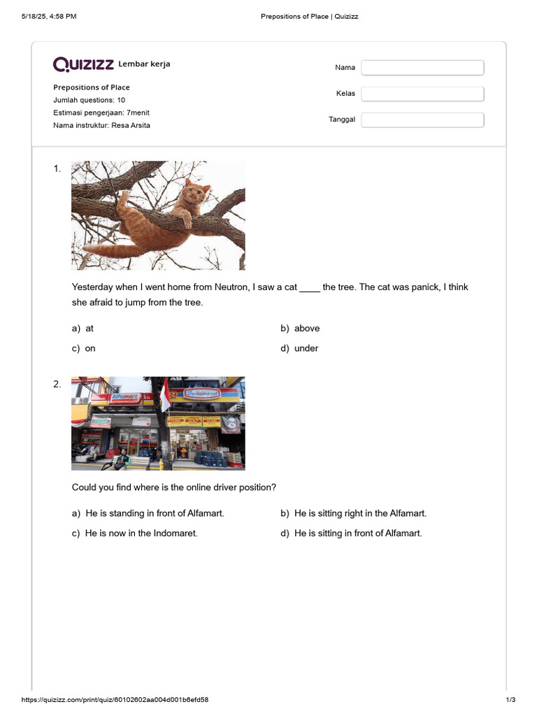 Prepositions of Place - Quizizz | PDF