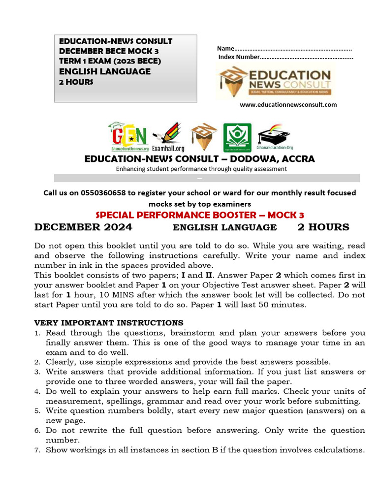 BECE 2025 English Mock Exam Guide | PDF | Mental Health | Verb