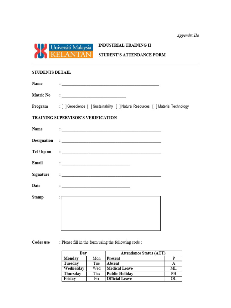 6.0 Appendix H - Student Attendance Form FSB LI2 | PDF