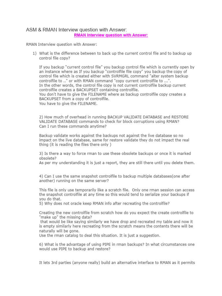 Interviewqa ASM _ RMAN | PDF | Backup | Databases