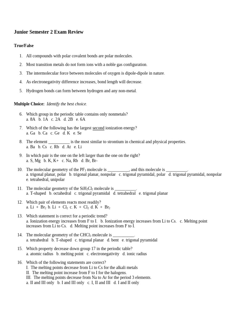 IB Chemistry Semester 2 Review Guide | PDF | Chemical Polarity ...
