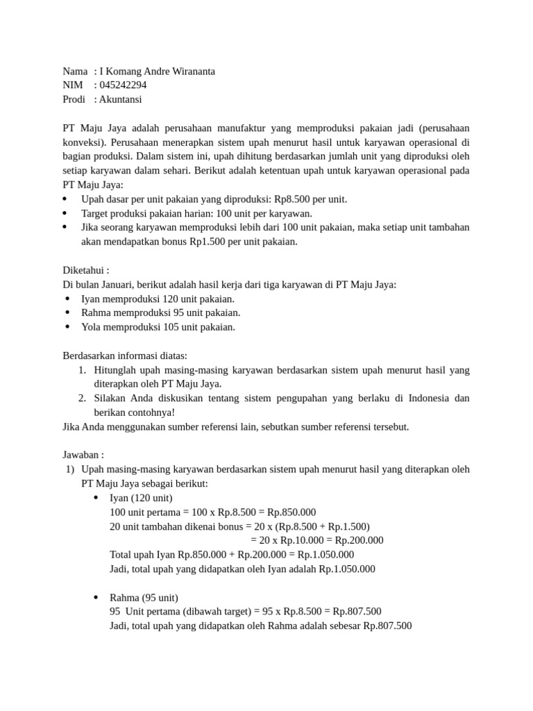 Sistem Upah PT Maju Jaya dan Contohnya | PDF