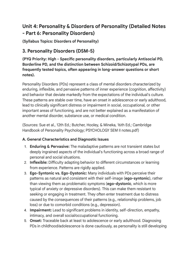 Highly Detailed Psychology Notes - Unit 4 - Personality Disorders (Part ...