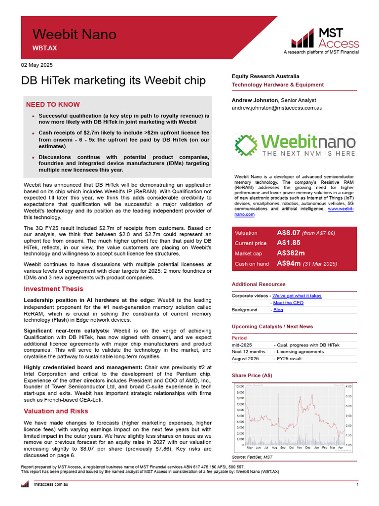 250502.-MST-Access_WBT.AX-DB-HiTek-marketing-its-Weebit-chip-050225 | PDF | Investing