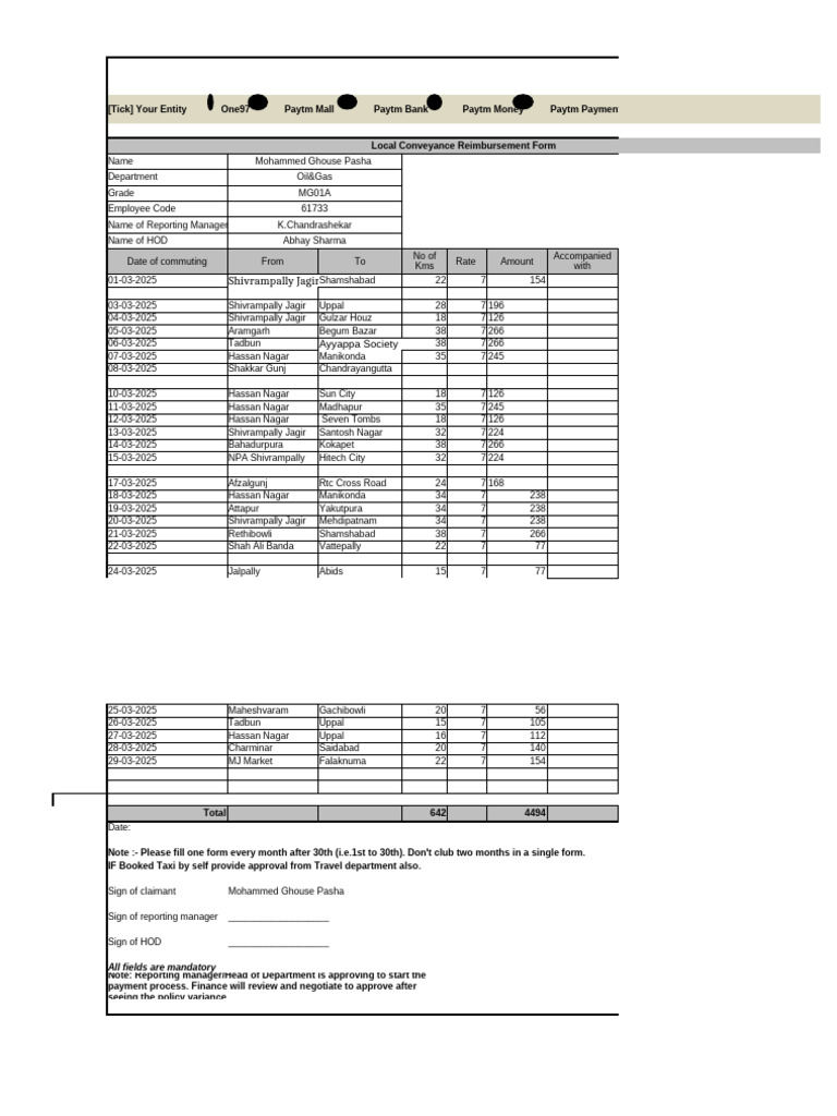 Paytm Bank Local Conveyance Form | PDF