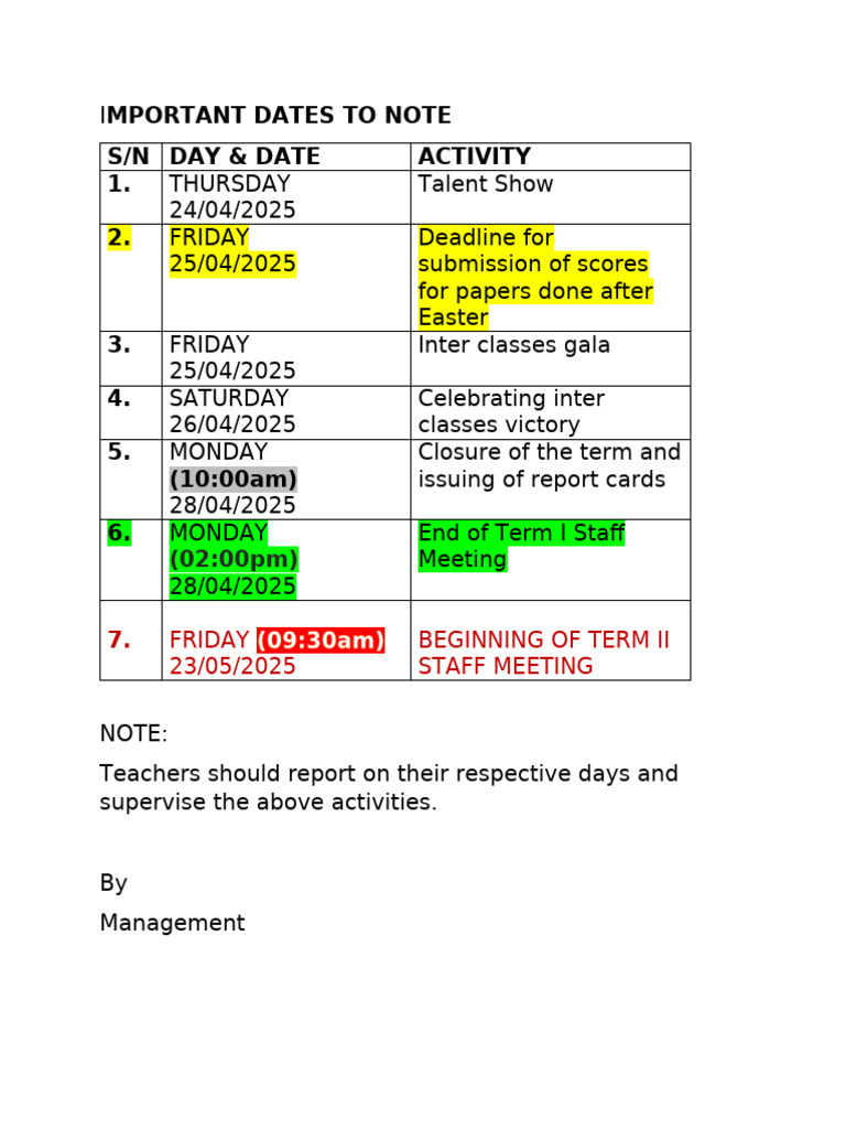 Important Dates | PDF