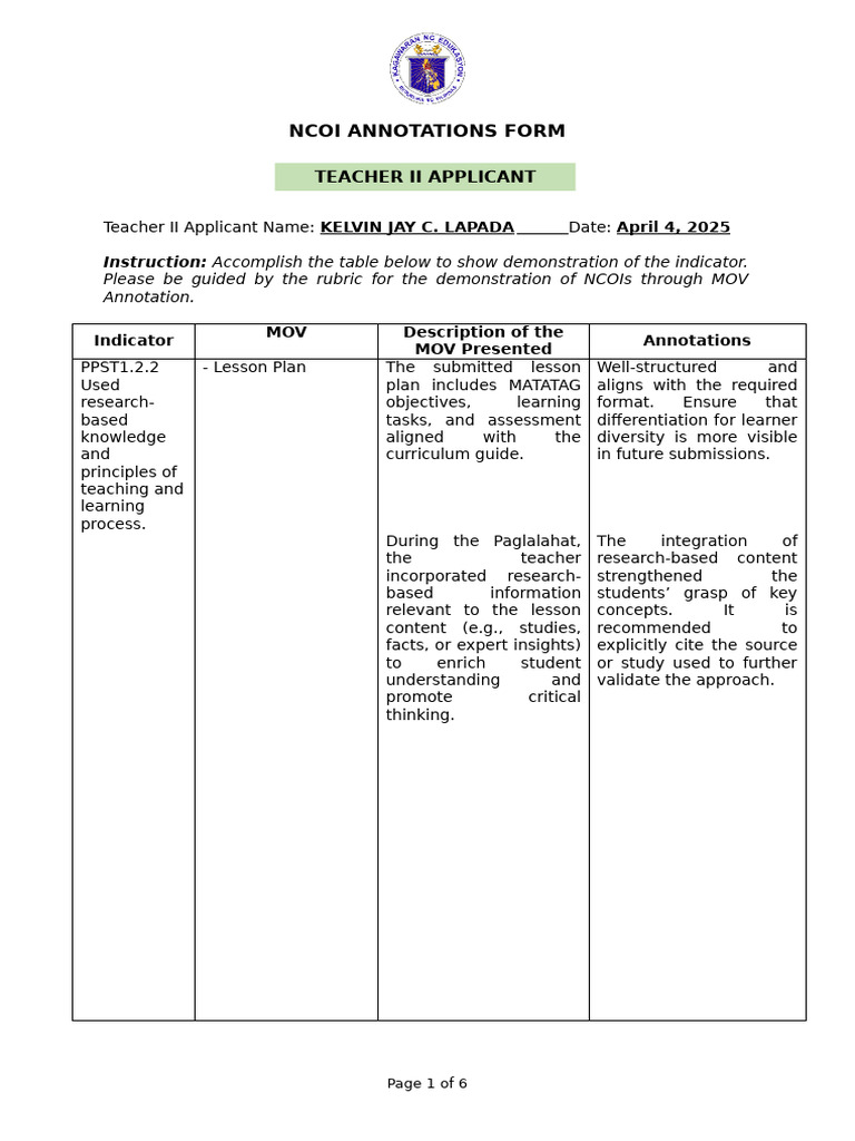 NCOI Annotations Form For Teacher II Applicant | PDF | Learning | Teachers