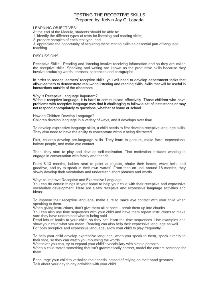 Testing Receptive Language Skills Guide | PDF | Vocabulary | Skill