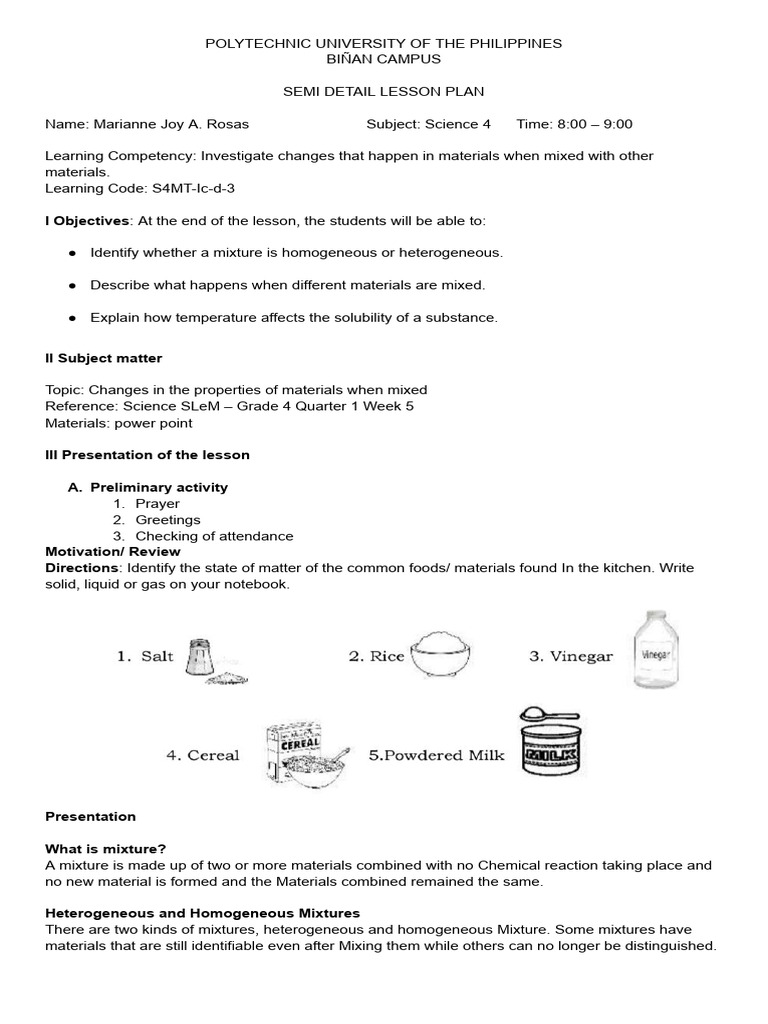 Semi Detail Lesson Plan | PDF | Mixture | Homogeneity And Heterogeneity