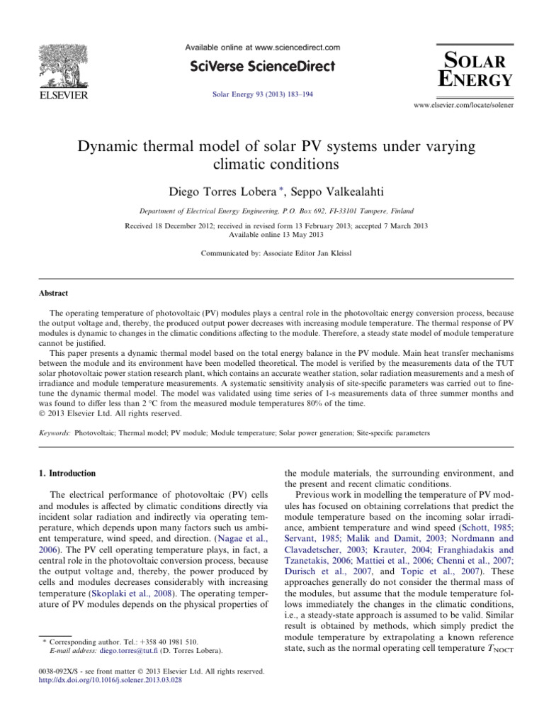 Dynamic Thermal Model of Solar PV Systems Under Varying | PDF | Photovoltaics | Heat Transfer