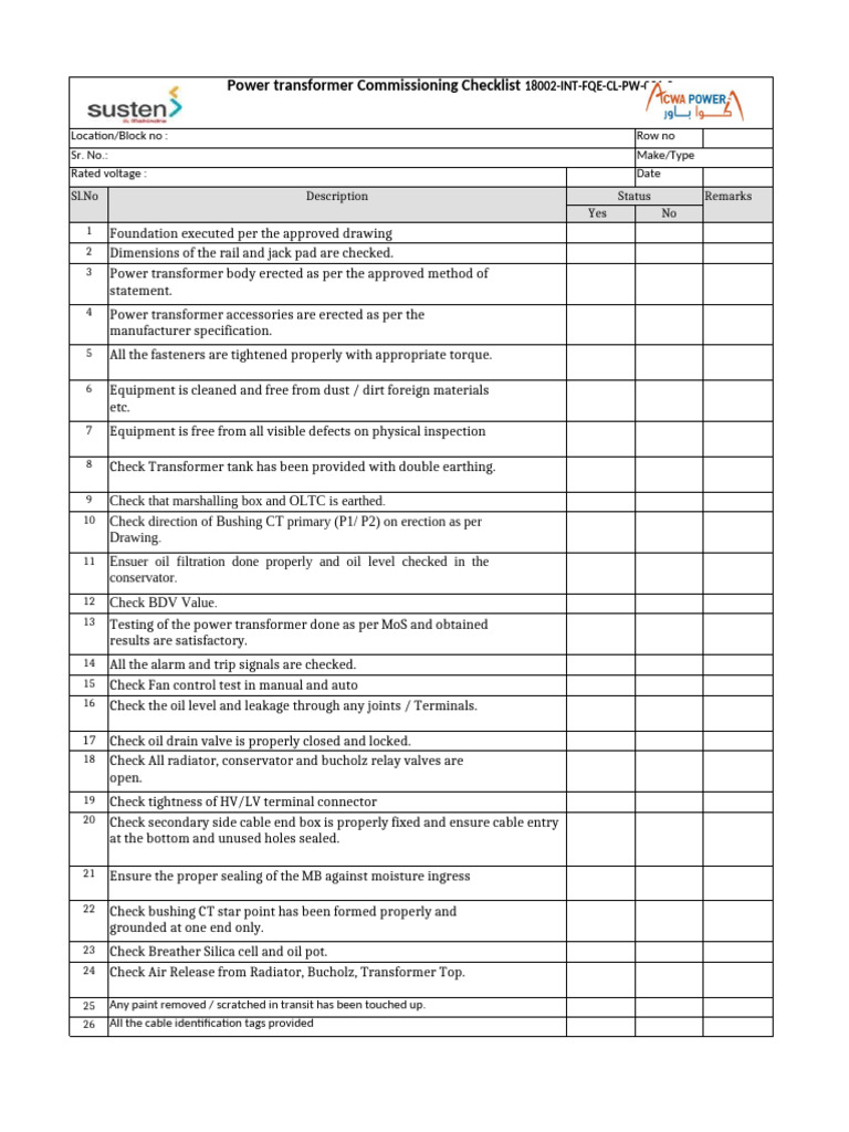 Int Fqe CL PW 001 0 Checklist Commissioning of Power Transformer PDF ...