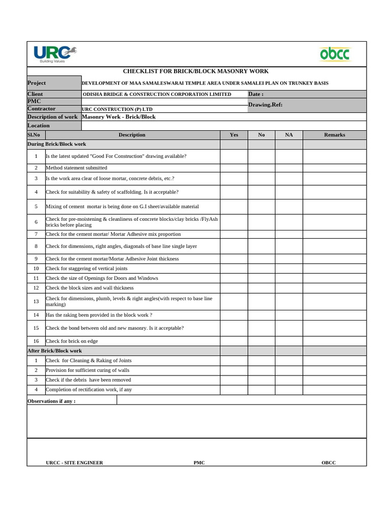Check List For Block Masonry Work | PDF
