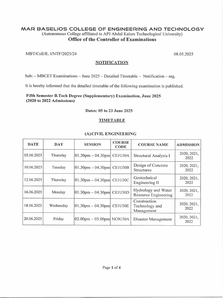 S5 (S) Exam, June 2025-Detailed Timetable NTF | PDF