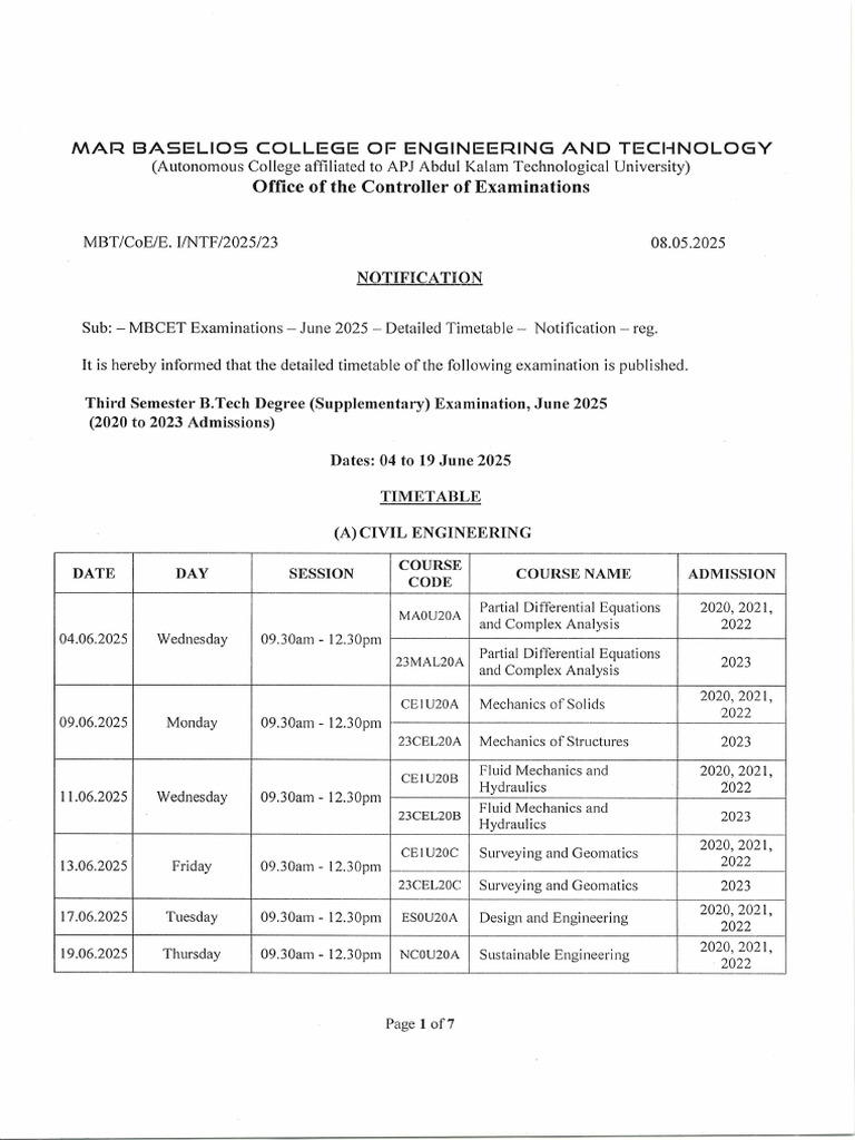 S3 (S) Exam, June 2025-Detailed Timetable NTF | PDF | Engineering ...