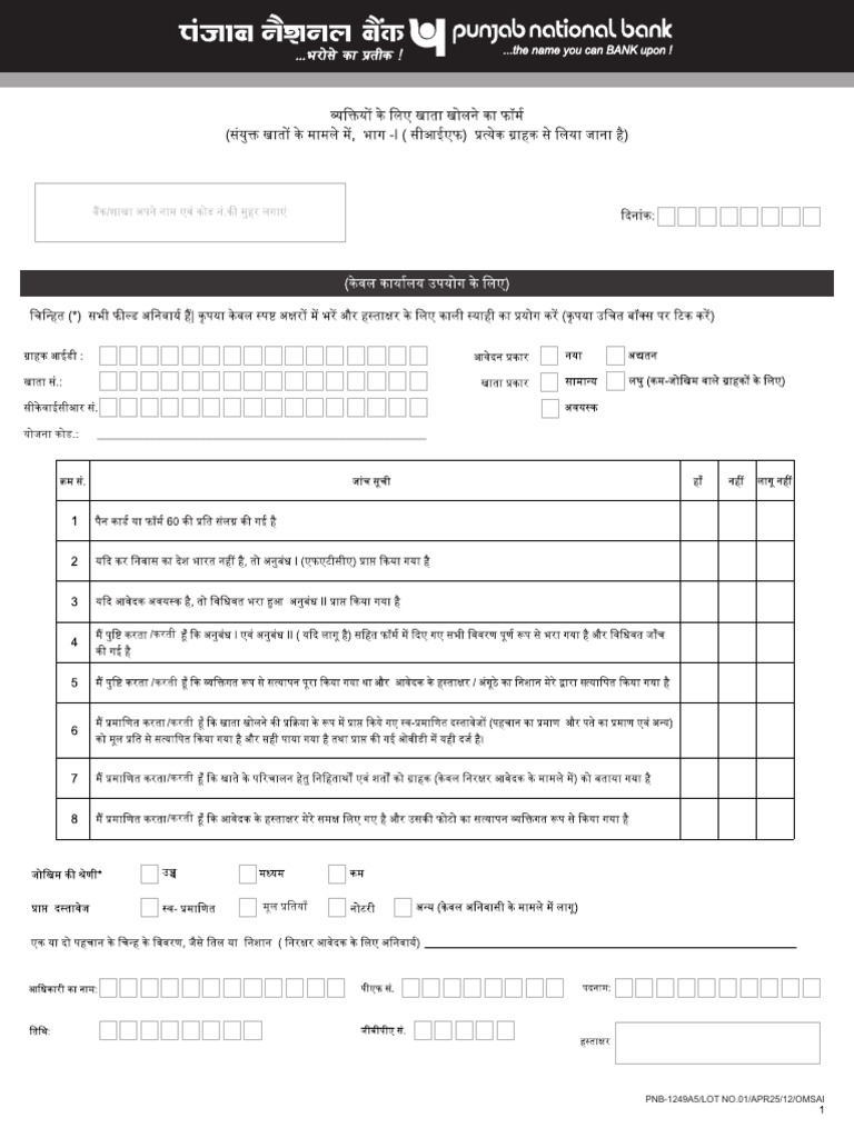 Account Opening Form For Individuals - PNB 1249 (A5) | PDF