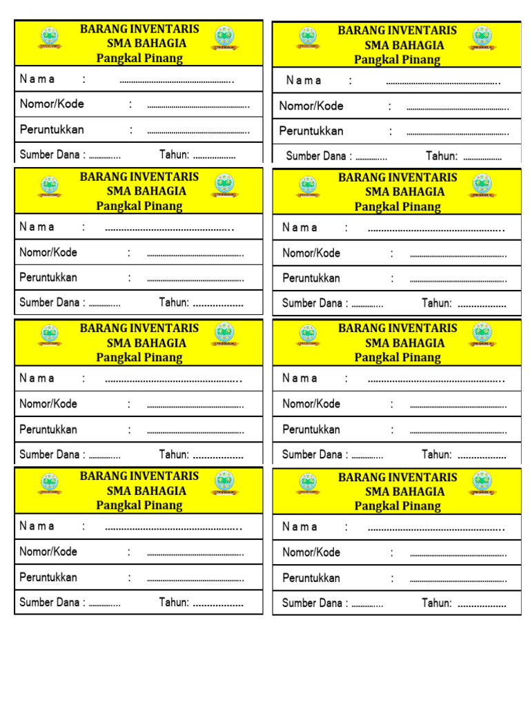 Label Inventaris Barang SMA Bahagia | PDF