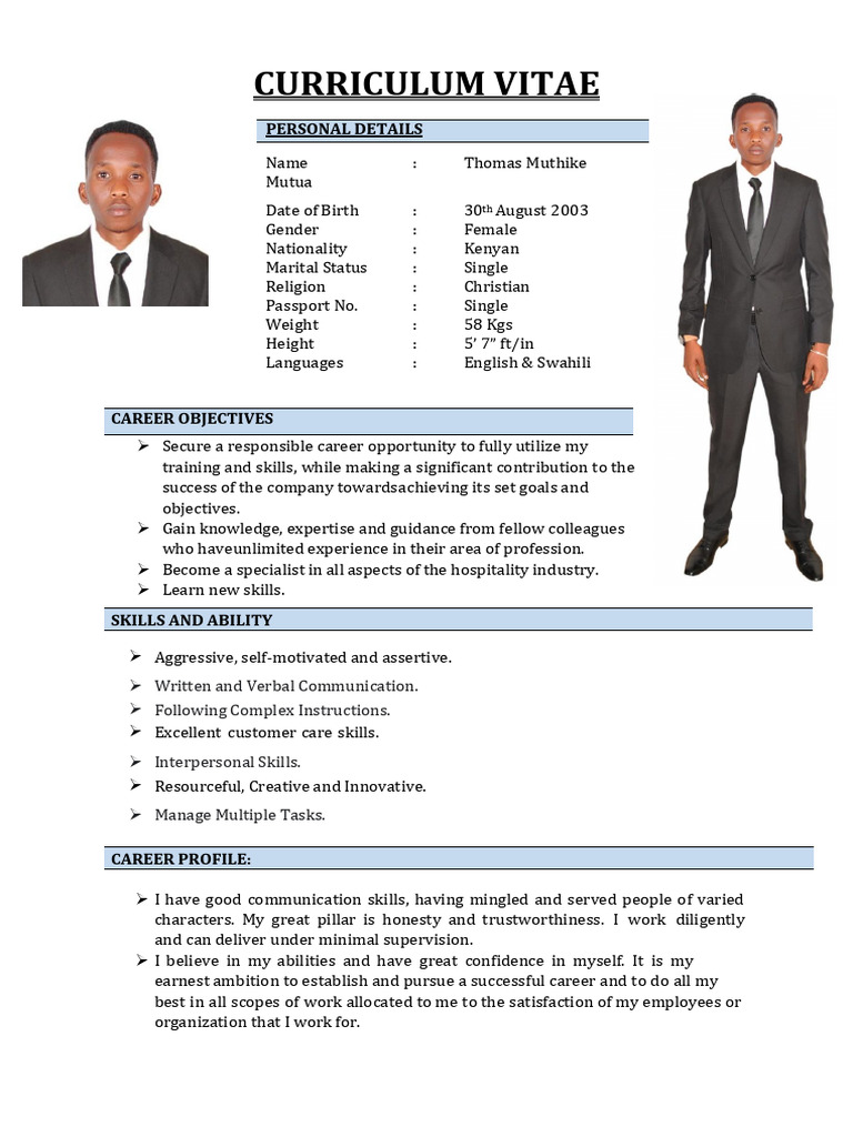 Thomas Muthike Mutua Waiter CV | PDF | Waiting Staff