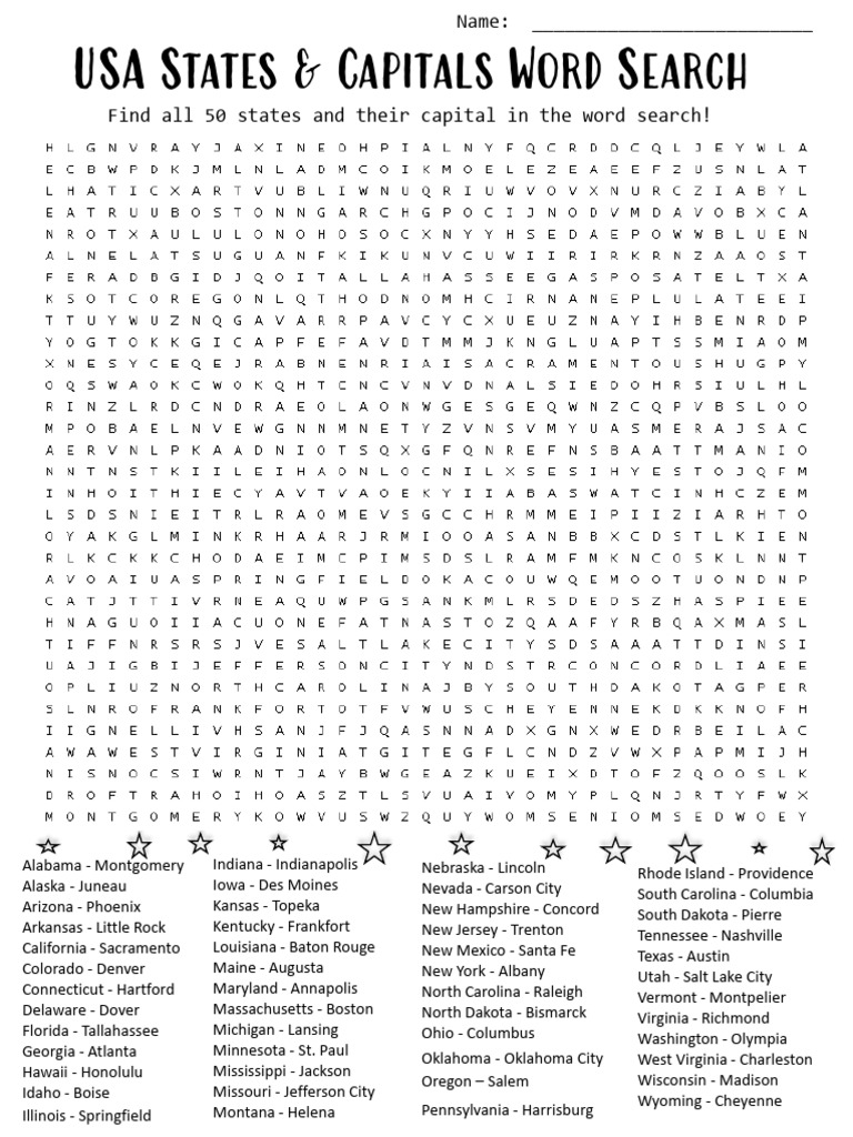 USA States & Capitals Word Search | PDF | Missouri | Iowa