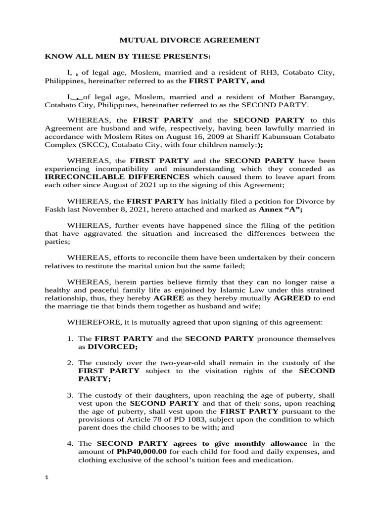 MUTUAL DIVORCE AGREEMENT | PDF | Divorce | Private Law