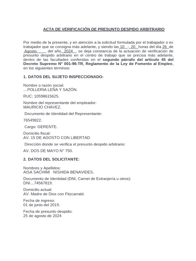 ACTA DE VERIFICACION DE PRESUNTO DESPIDO ARBITRARIO Mia2024 | PDF